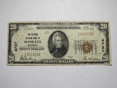 $20 1929 Mankato Minnesota MN National Currency Bank Note Bill Ch ...