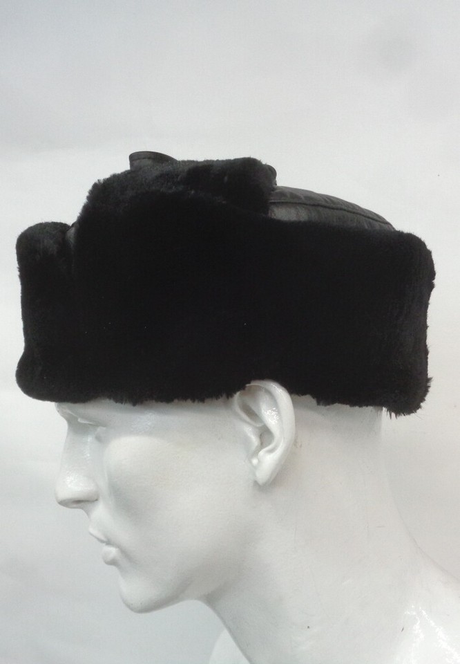 BRAND NEW BLACK SHEARED BEAVER FUR & LEATHER RUSSIAN STYLE HAT MEN MAN ...