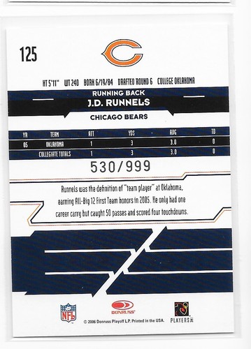 2006 Leaf Rookies & Stars Rookie /999 JD Runnels #125 Rookie RC Chicago ...