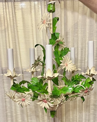 Vintage TOLE Metal Daisy Flower Light FIXTURE Chandelier 5 Arms 14 ...