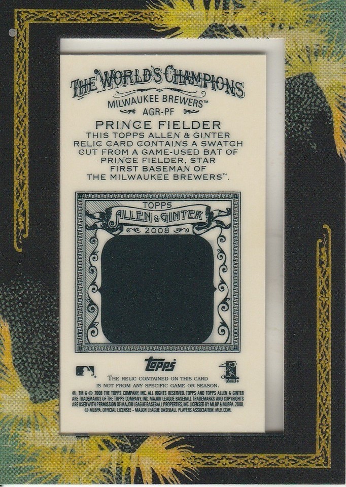 2008 Topps Allen and Ginter Relics #AGR-PF Prince Fielder Bat B | eBay