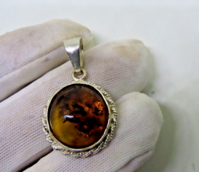ROUND GEMA Silver Plated Copper Amber Pendant - Vegetable Inclusions ...