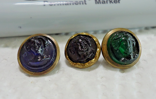 Lot of 3 Antique Glass JENNY LIND Picture Buttons Set in Metal 3/8" to ...