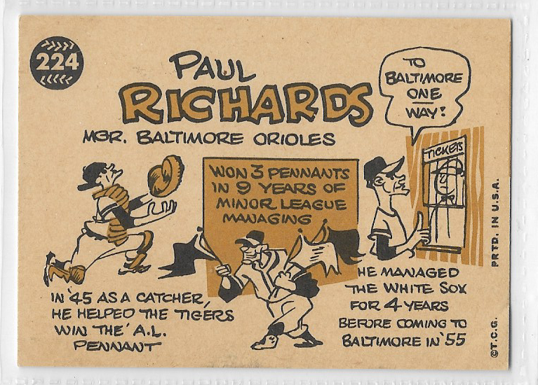 1960 Topps #224 PAUL RICHARDS Manager Baltimore Orioles (EX) **free ...