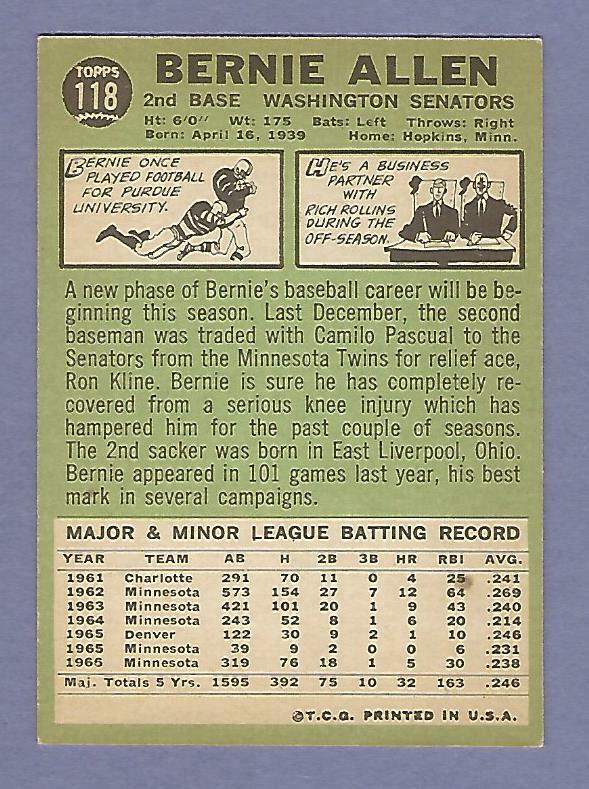 1967 Topps - #118 Bernie Allen - Washington Senators - ExMt | eBay