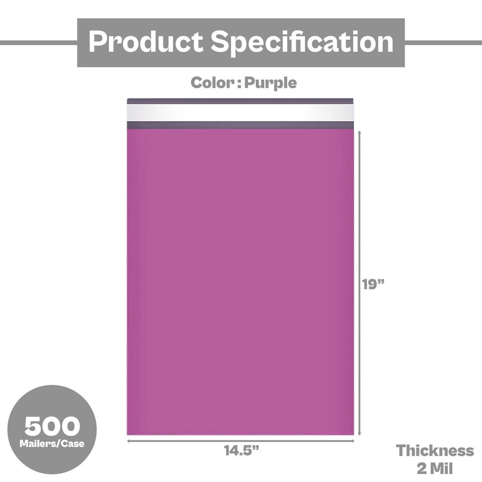 Purple Poly Mailers 2 Mil Mailing Envelopes Self Seal 14.5" x 19" 500 ...