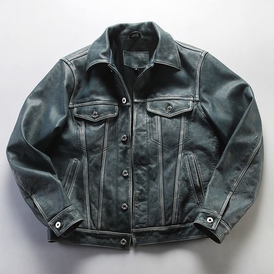 Men's Cowboy Genuine Leather Jacket Lapel Multi Pocket Cowhide Leather ...