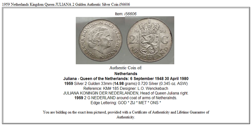 1959 Netherlands Kingdom Queen JULIANA 2½ Gulden Authentic Silver Coin ...