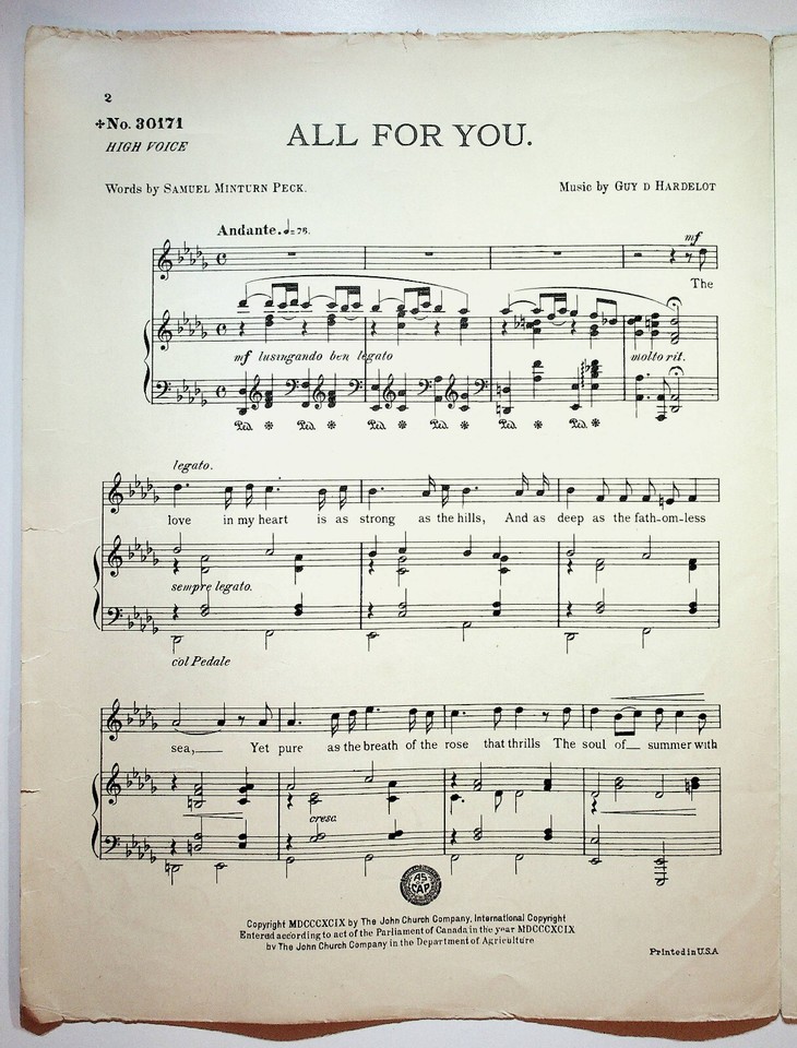 1899 All For You Guy D Hardelot Samuel Minturn Peck High Voice Sheet ...