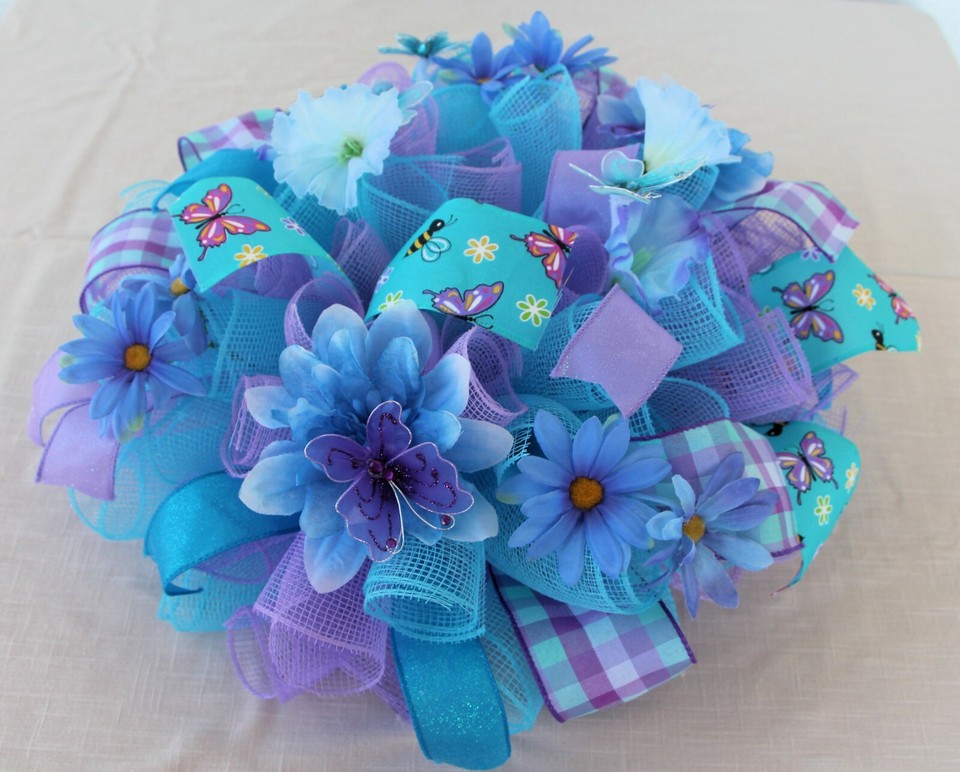 Butterfly Centerpiece, 17” Spring Mesh Tabletop Décor, Purple Blue ...