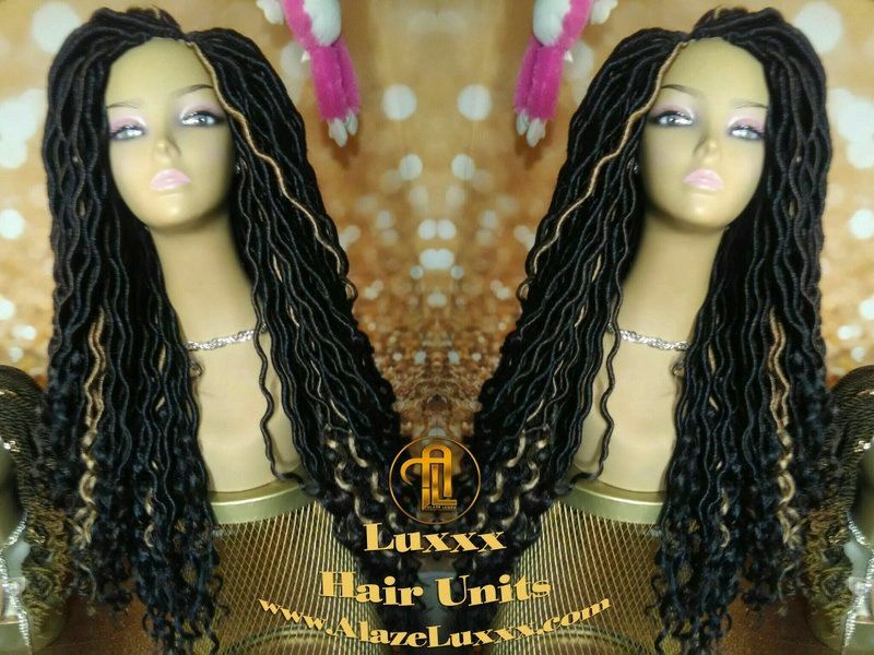 16in Individual Goddess Faux Locs Wig Wavy Black Dreads 1B Honey Blonde ...