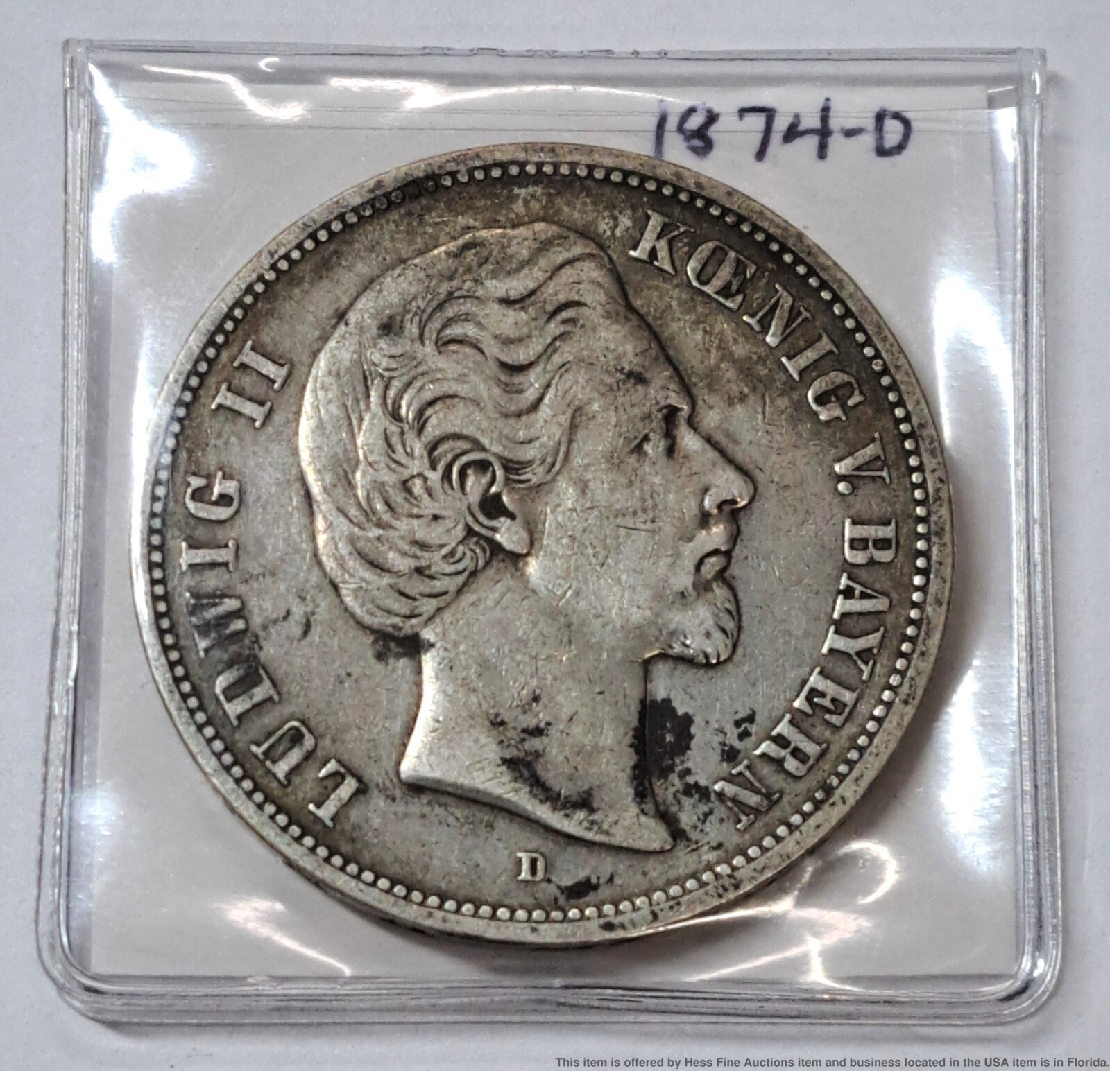 1874 D Ludwig II Kingdom of Bavaria 5 Mark German Prussian Silver Coin ...