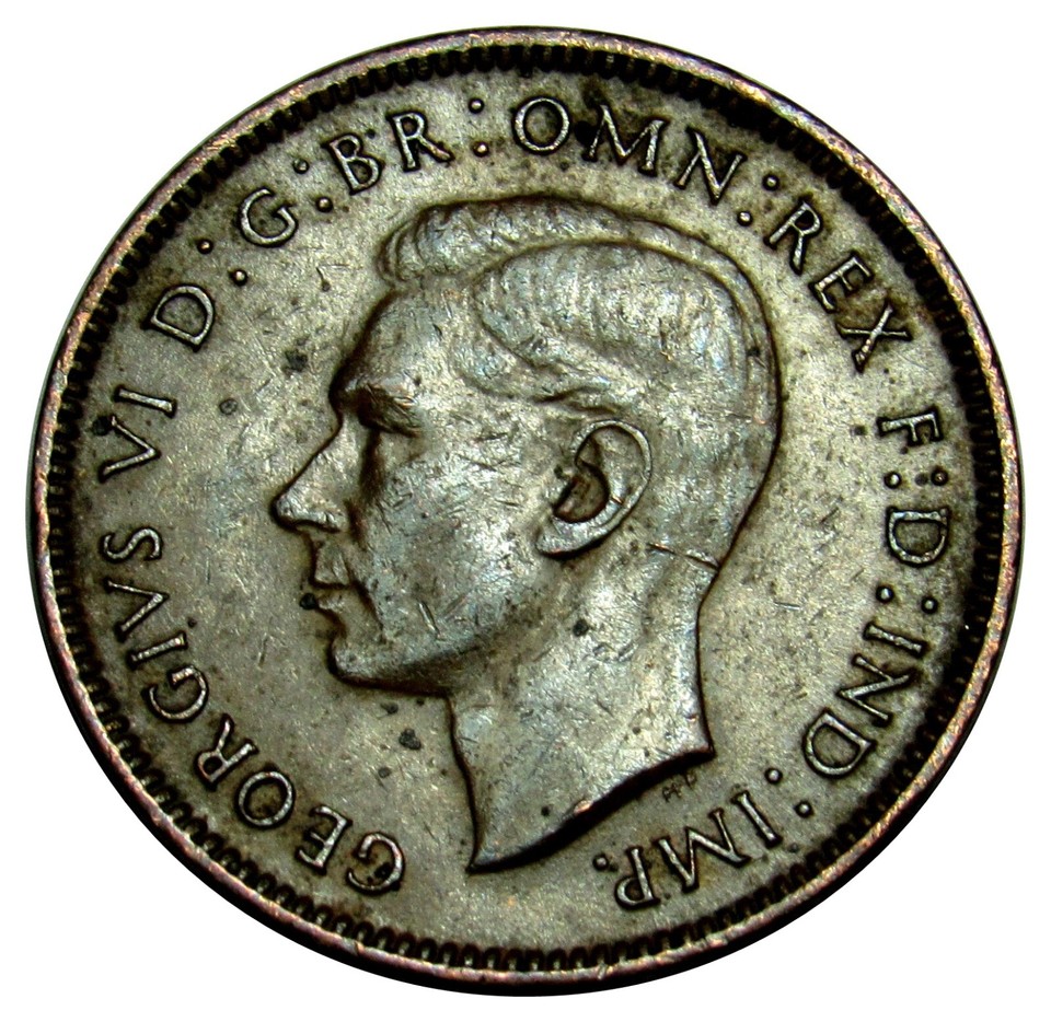 Great Britain 1 Farthing coin 1944 km#843 George VI Eurasian wren bird ...