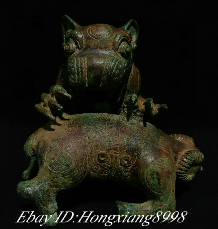16" Old Chinese Zhan Dynasty Bronze Ware Tiger Eating Sheep Statue ...