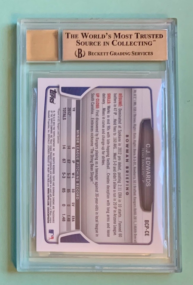 2013 BOWMAN CHROME BASEBALL CJ EDWARDS BCP-CE PROSPECT AUTO BGS GEM ...