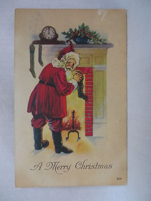 VINTAGE CHRISTMAS POSTCARD SANTA CLAUS FILLING STOCKINGS OVER THE ...