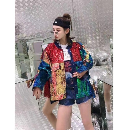Women's Fashion Glitter Sequin Multicolor Frayed Denim Baseball Jacket ...