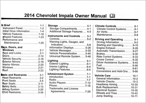 2014 Chevrolet Impala Owners Manual User Instruction Guide Book ...