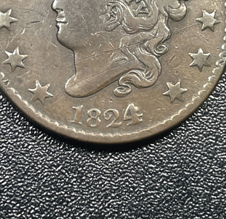 1824/2 Coronet Head Large Cent 1c Fine Details Scratched Key Date ...
