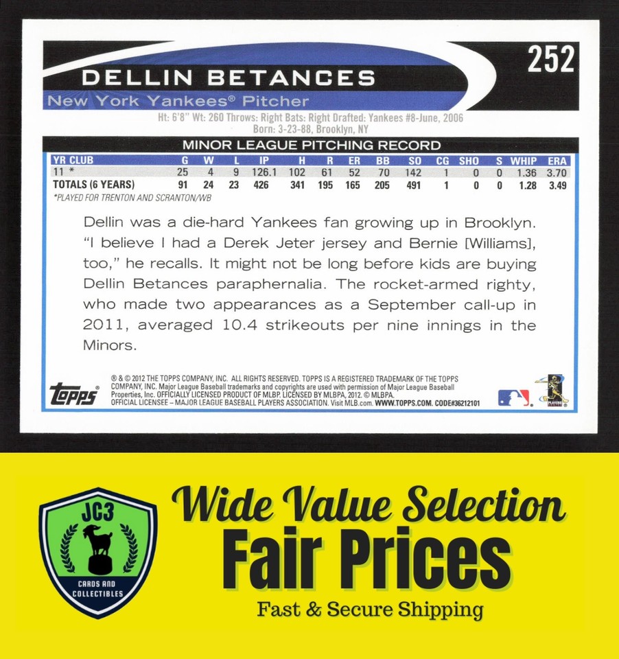 2012 Topps Dellin Betances #252 New York Yankees Rookie | eBay