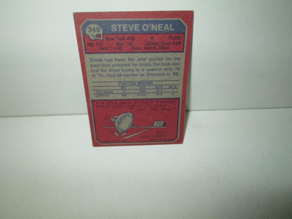 STEVE O'NEAL 1973 FOOTBALL CARD Topps #349 Rookie Rc NEW YORK JETS ...