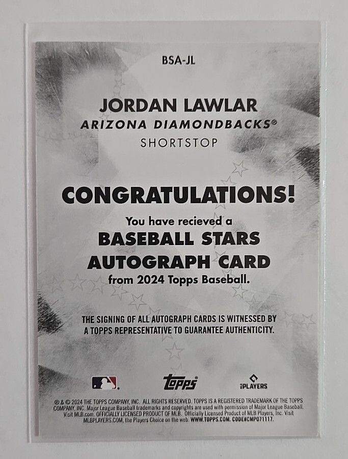 2024 Topps Series 1 JORDAN LAWLAR #BSA-JL Baseball Stars Auto Rookie RC ...