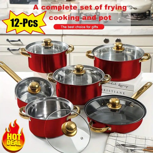 Red 12pcs Stainless Steel Cookware Set Non-Stick Pan Set Durable Home ...