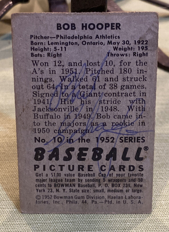BOB HOOPER 1952 BOWMAN #10 Signed Autographed Philadelphia Athletics ...