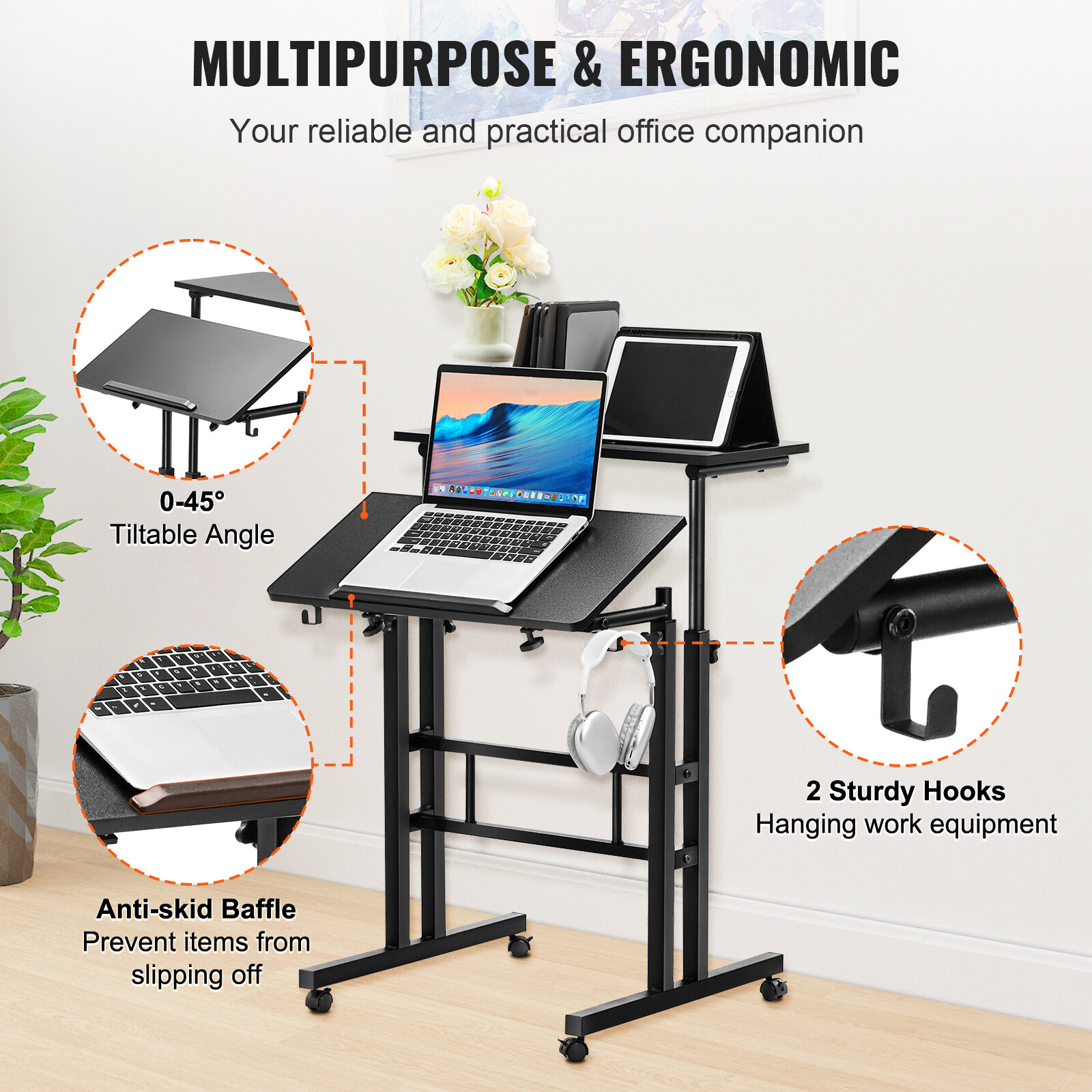 VEVOR Mobile Standing Desk 26.4"-44.9" Height Adjustable 0-45° Tiltable ...