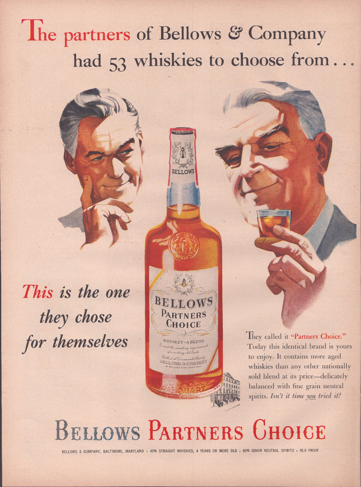 1953 Bellows Partners Choice Whiskey Vintage Print Ad | eBay