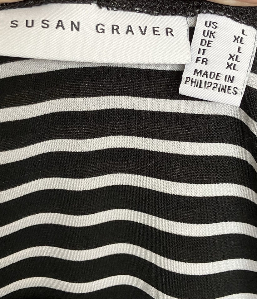 Susan Graver Liquid Knit Popover Tee Top Classic Black White Stripe ...