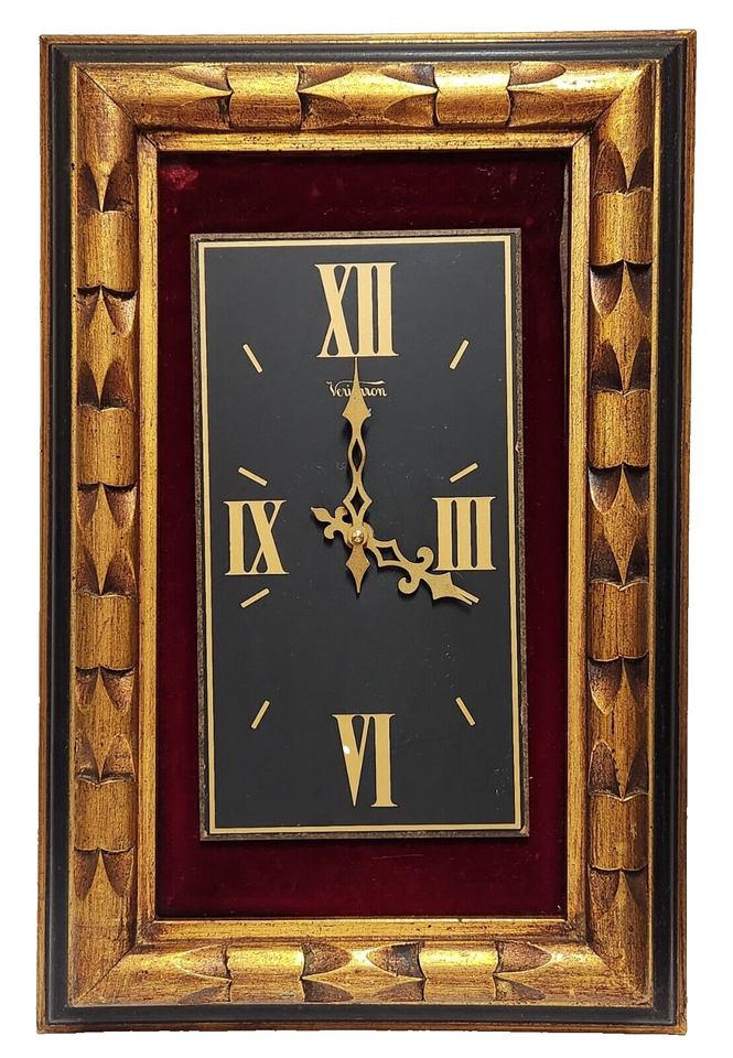 Vintage 1960's Verichron Wall Clock Velvet Black & Gold Gilt Wood Frame ...