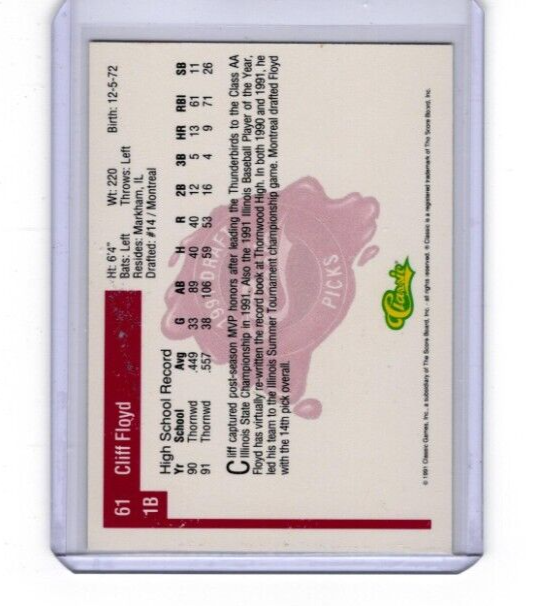 1991 Cliff Floyd (RC) Classic Draft Picks #61 Expos | eBay
