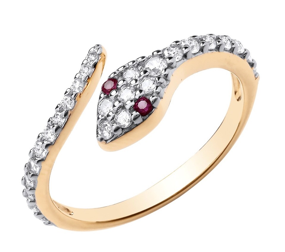 9ct Yellow Gold on Silver Ruby & CZ Snake Serpent Ring size J to U ...