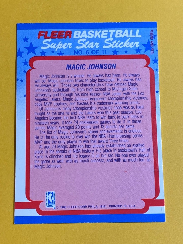MAGIC JOHNSON 1988-89 FLEER Basketball Super Star Sticker Card 6 of 11 ...