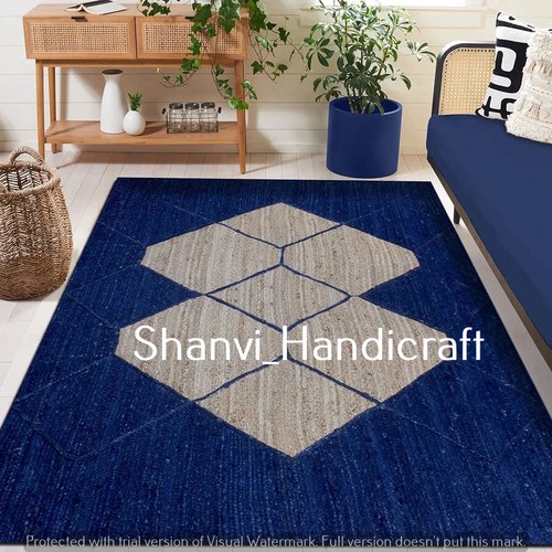 Handmade Braided Bohemian Jute Area Rug Rectangle Home Decor Boho Blue ...
