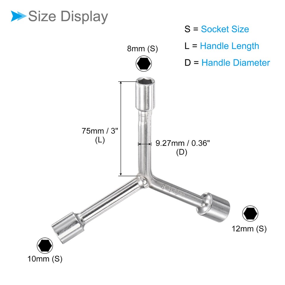 Y-Shaped 3 Way Socket Wrench 8mm 10mm 12mm 3" Bike Cycling Repairing ...