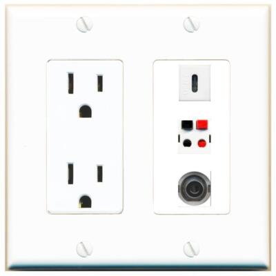 3 Port Power Outlet Cover Plug Jack UL 2 Gang 3-5MM SPEAKER USBC Wall ...