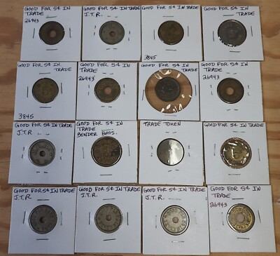 VINTAGE LOT OF (16) MOSTLY GENERIC GOOD FOR 5 CENTS IN TRADE METAL ...