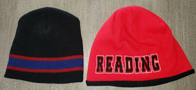 2 mens BEANIE KNIT WINTER HATS red READING black blue stripes one size ...