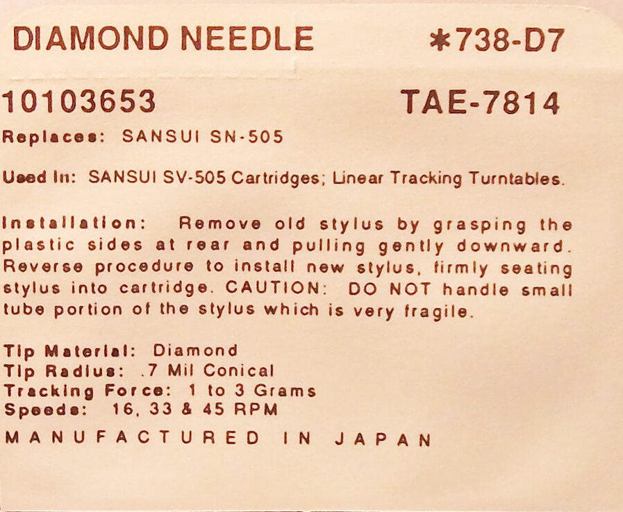 TURNTABLE STYLUS NEEDLE for Sansui SN-505 SV-505 M70 Linear Tracking ...