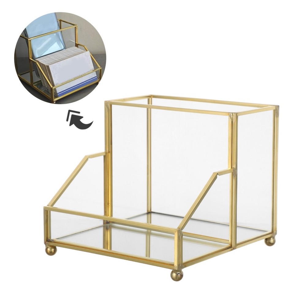 Business Card Case: Gold Border Name Card Storage Box Holder For Table ...