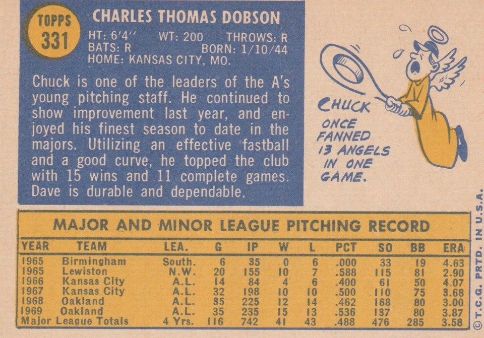 1970 Topps Charles Dobson Oakland Athletics #331 Baseball Card | eBay