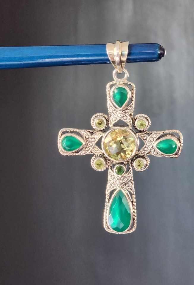 Nicky Butler Sterling Silver 925 Cross Pendant NB Green Chalcedony ...