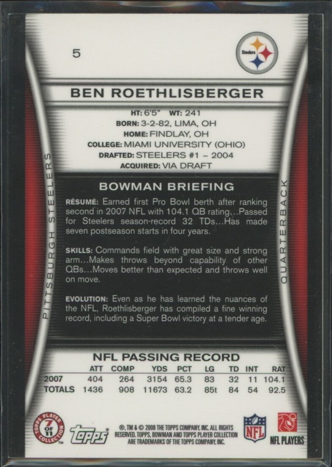 2008 Bowman #5 Ben Roethlisberger Gold | eBay
