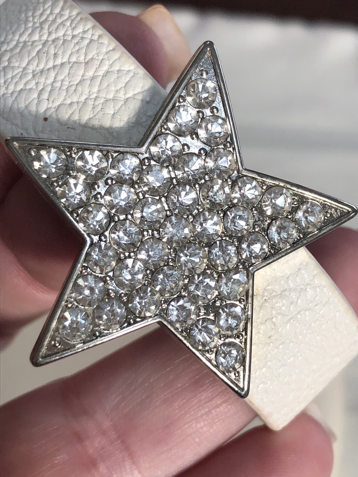 Rhinestone *White Leather Bracelets Silvertone Snap C… - Gem