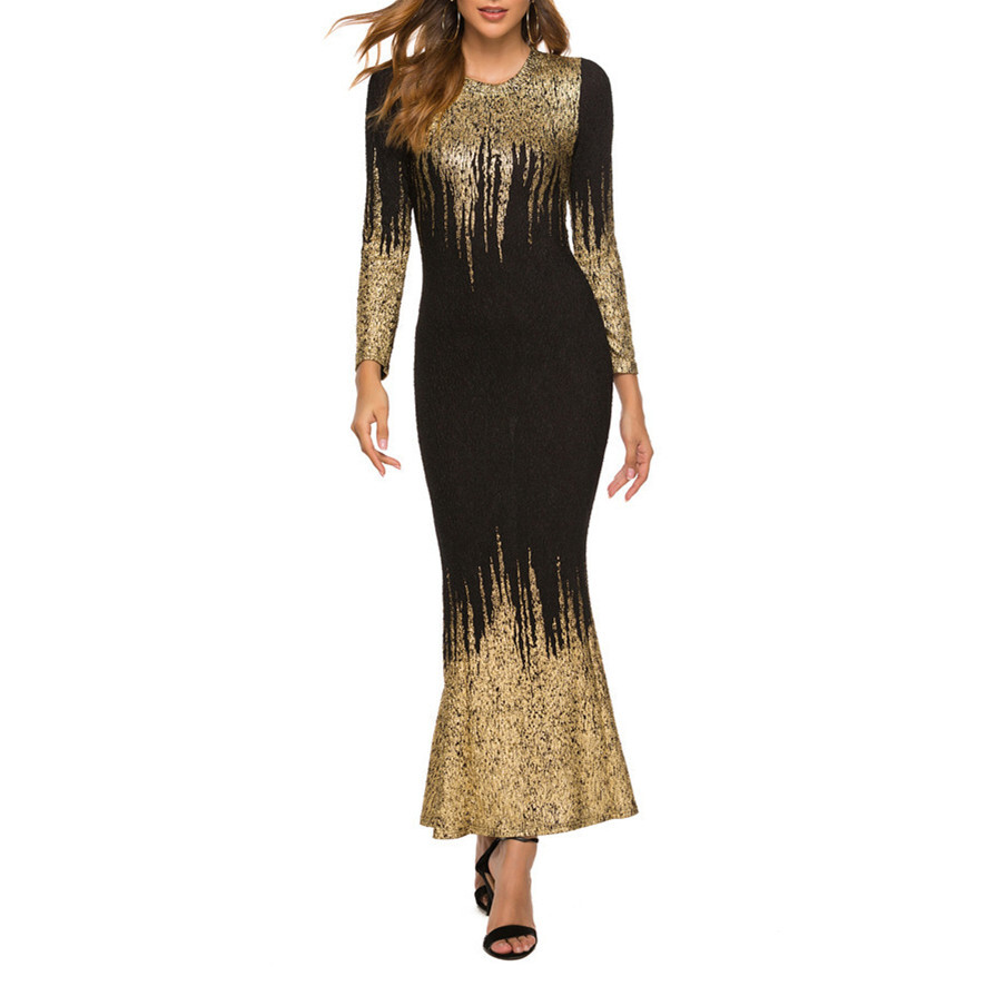 Womens Slim Fit Bodycon Maxi Party Dress Sexy Round Neck Long Sleeves ...