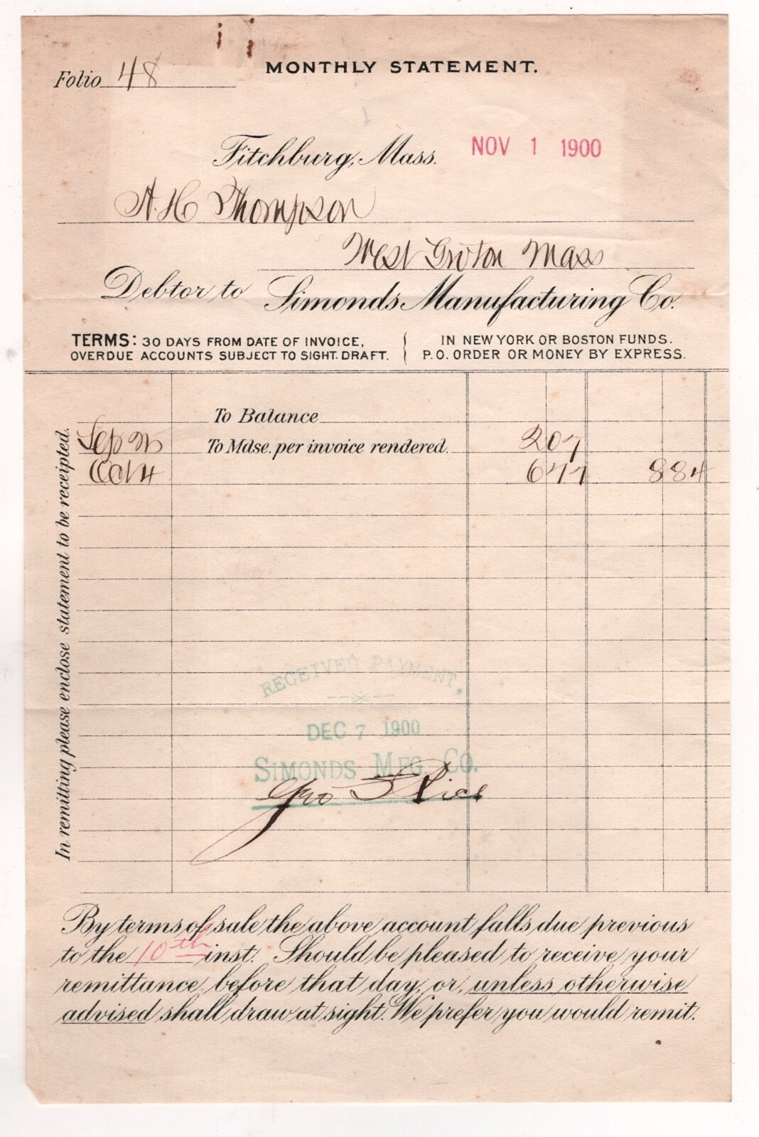 LOT OF 1900 SIMONDS MFG CO BILLHEAD FITCHBURG MA G.T SHEPLEY DRIVE SAW ...