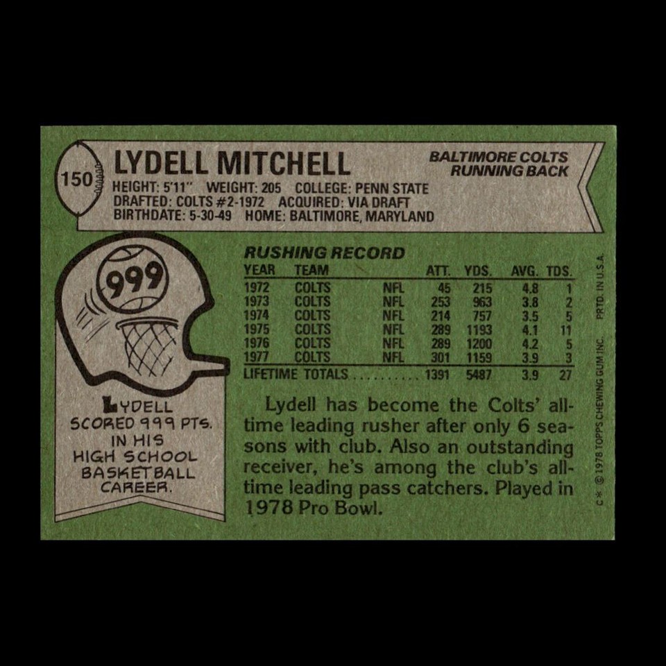 Lydell Mitchell 1978 Topps Baltimore Colts #150 R308F 1 | eBay