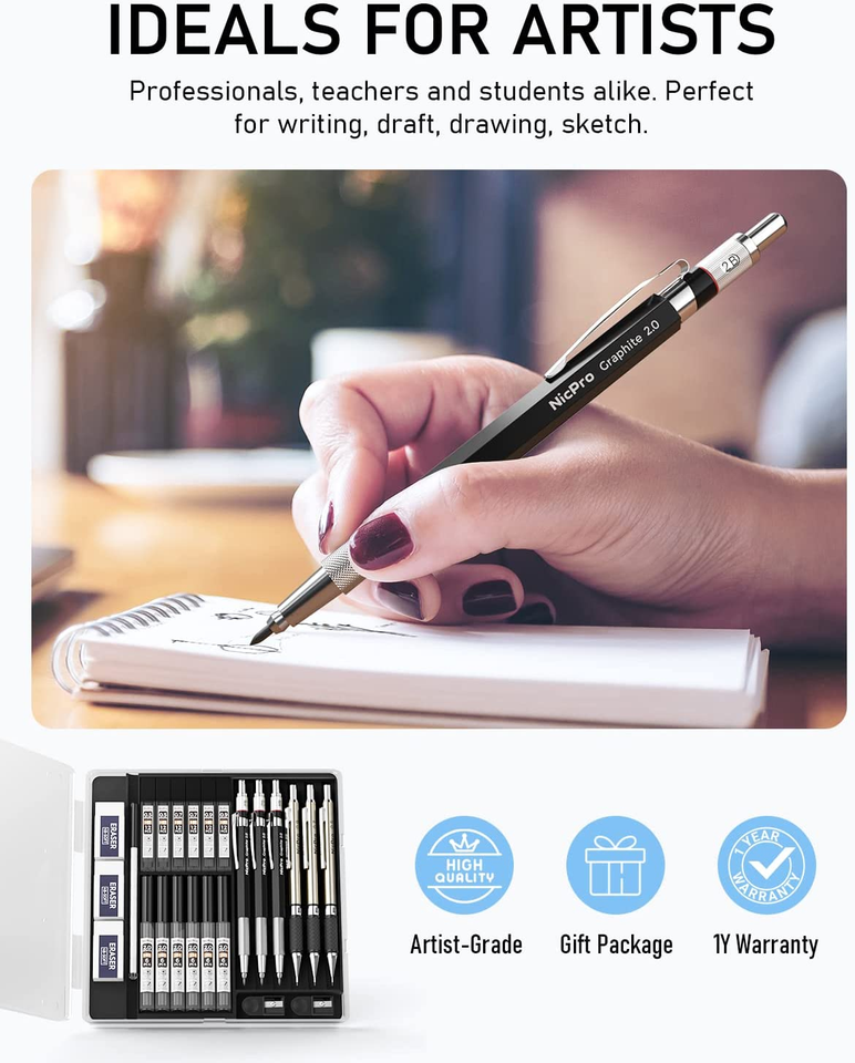 6pcs Art Mechanical Pencil Set with Lead Refills Case, Metal Drafting ...